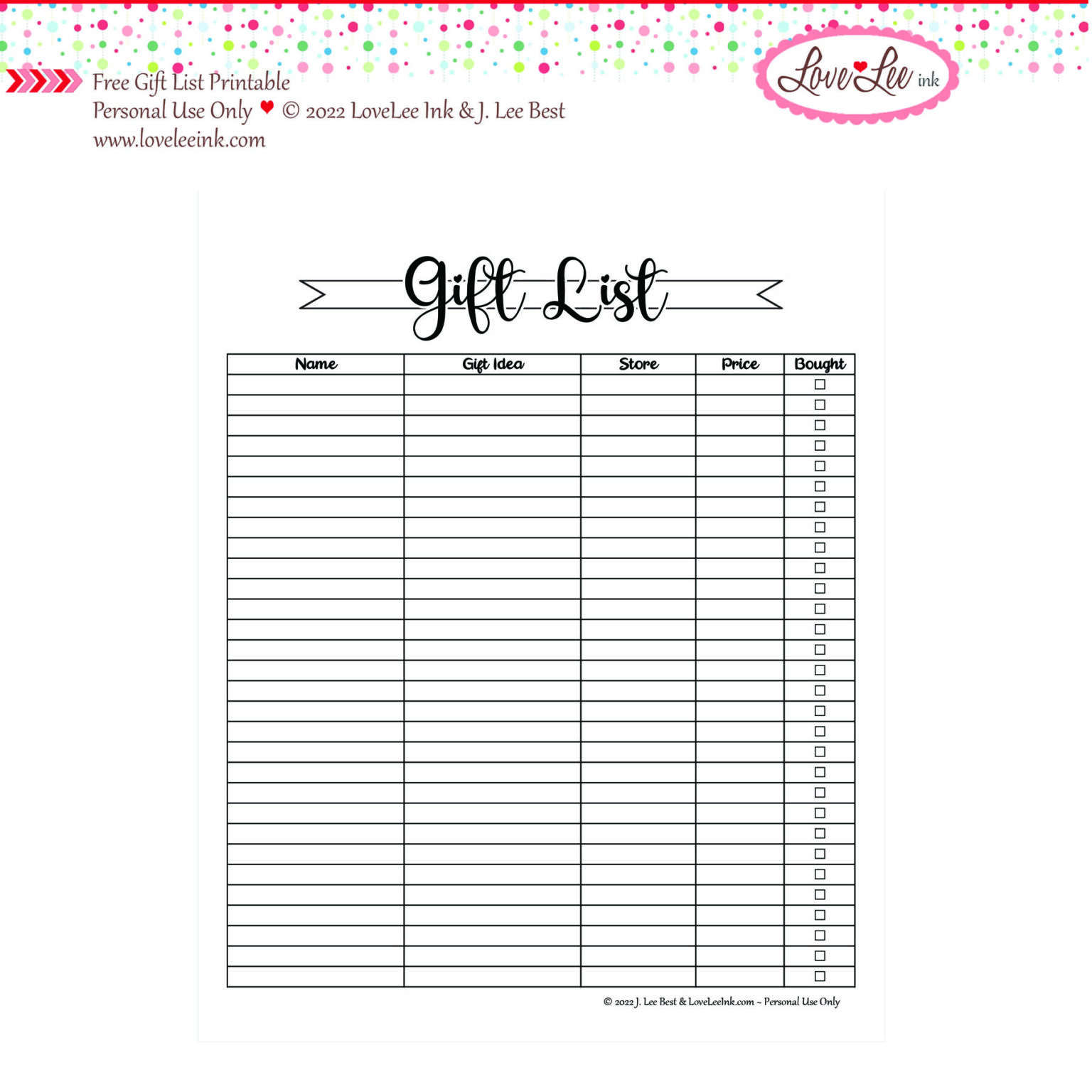 Free Customizable Gift List Printable ~ LoveLee Ink