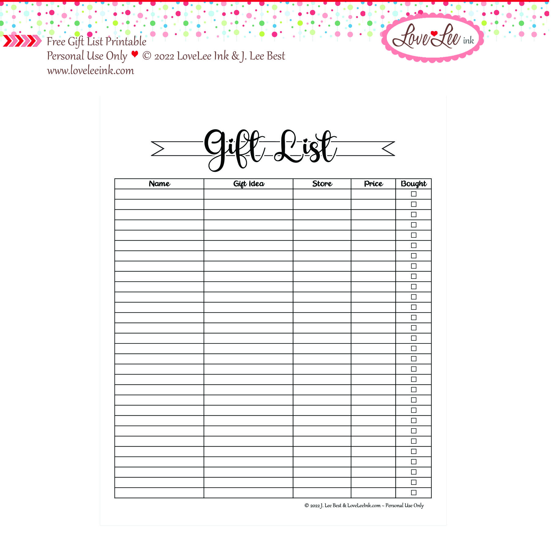 Free Customizable Gift List Printable ~ LoveLee Ink