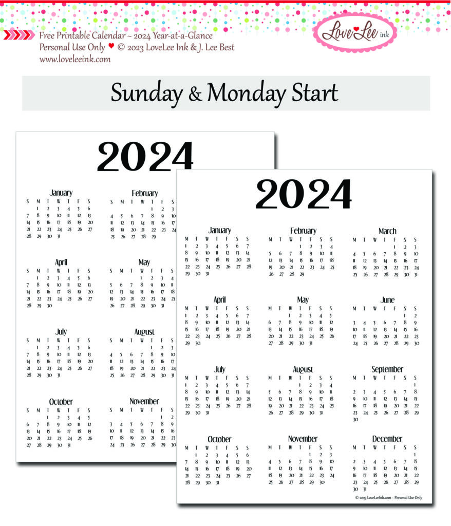2024 Year-at-a-Glance Free Printable Calendar ~ LoveLee Ink