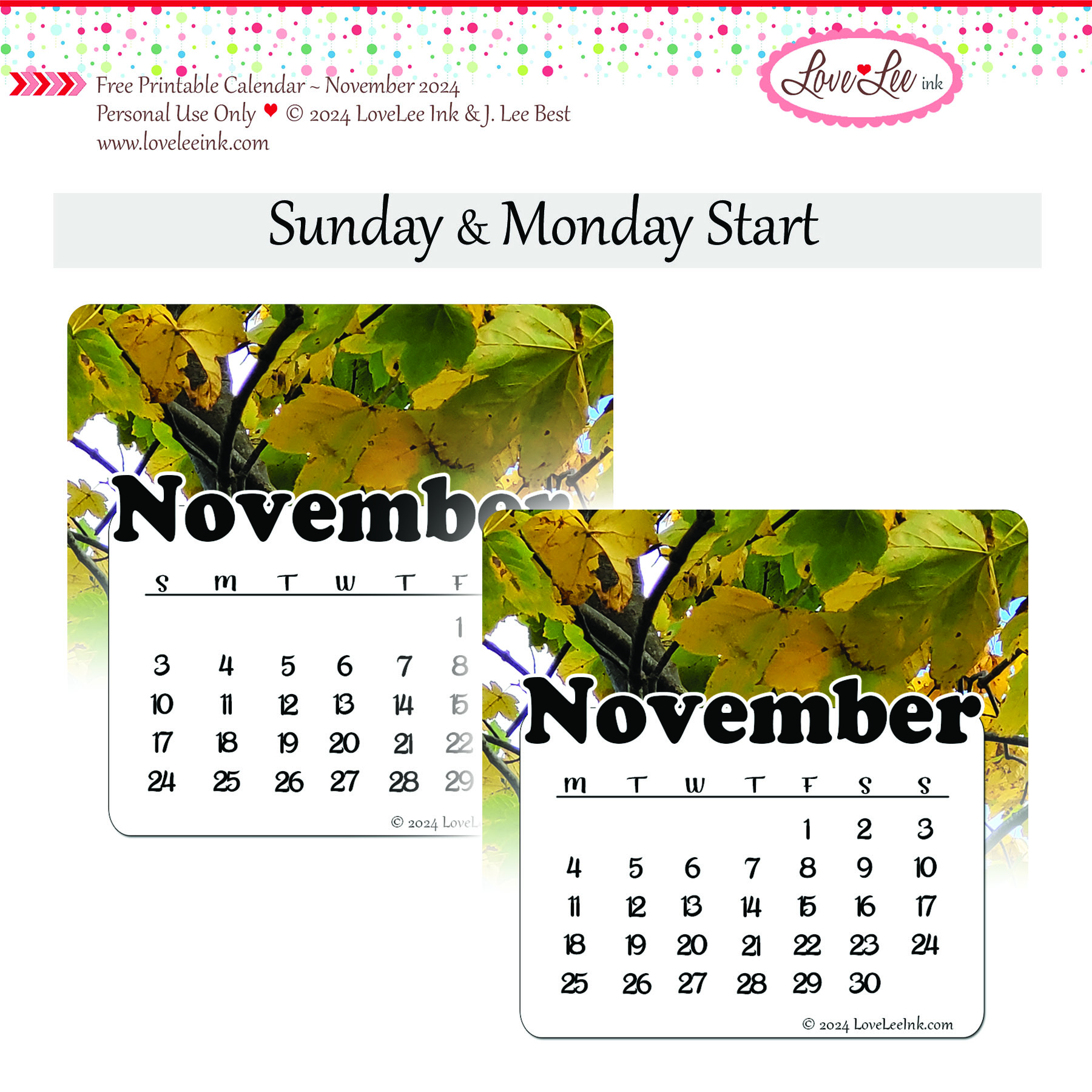Free Printable Calendar ~ November 2024 ~ Let It Go ~ LoveLee Ink