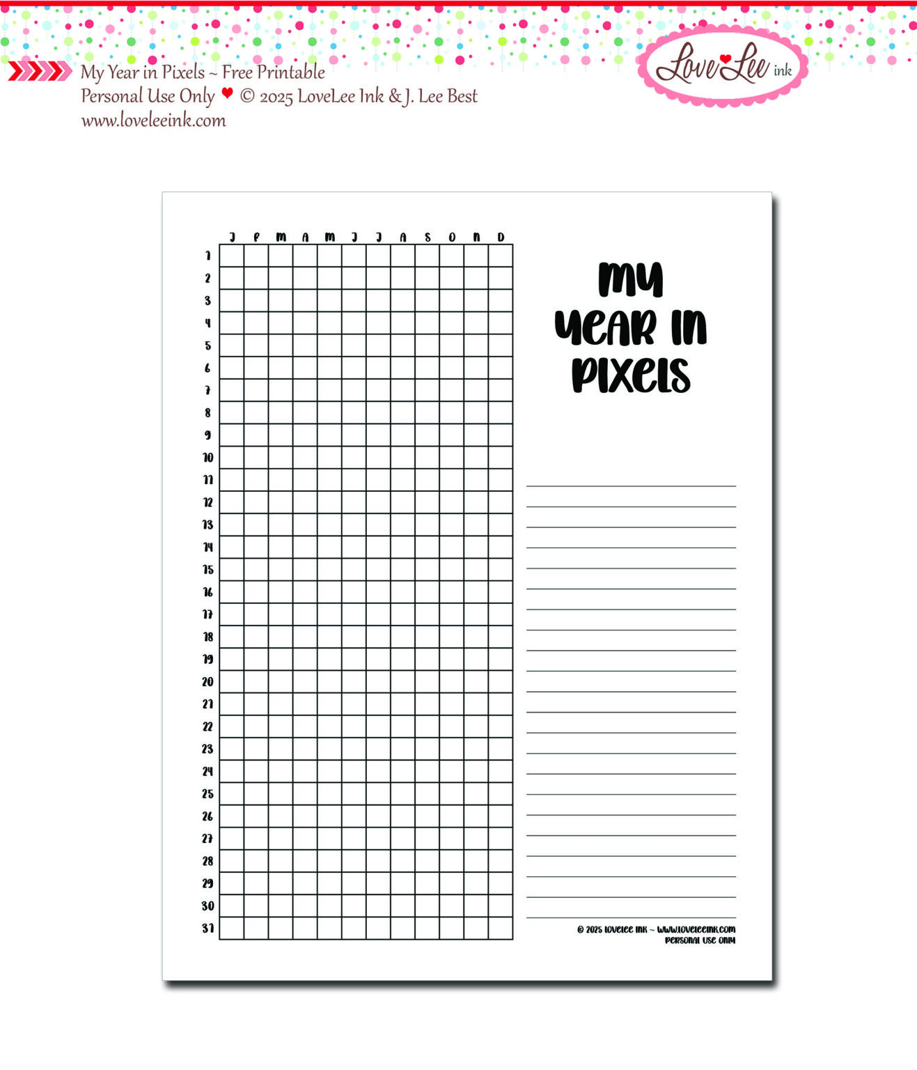My Year In Pixels Free Printable ~ LoveLee Ink
